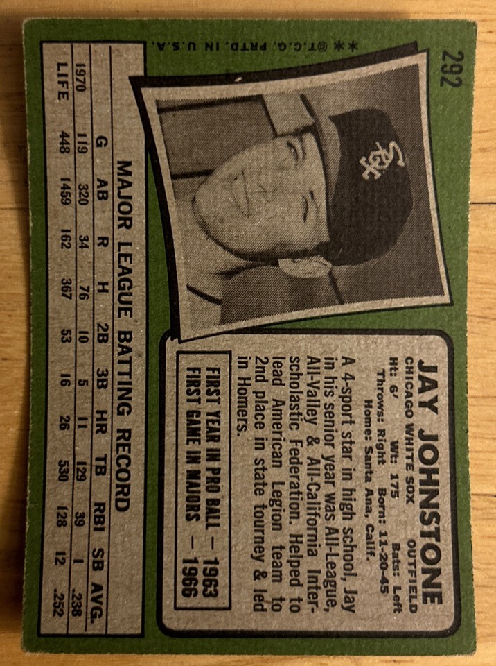 1971 Topps Jay Johnstone Baseball Card #292 Outfield O/C Corner Edge ...