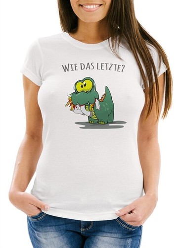 Damen T-Shirt Fun Motiv kleiner Dino frisst Einhorn Spruch "Wie das ...