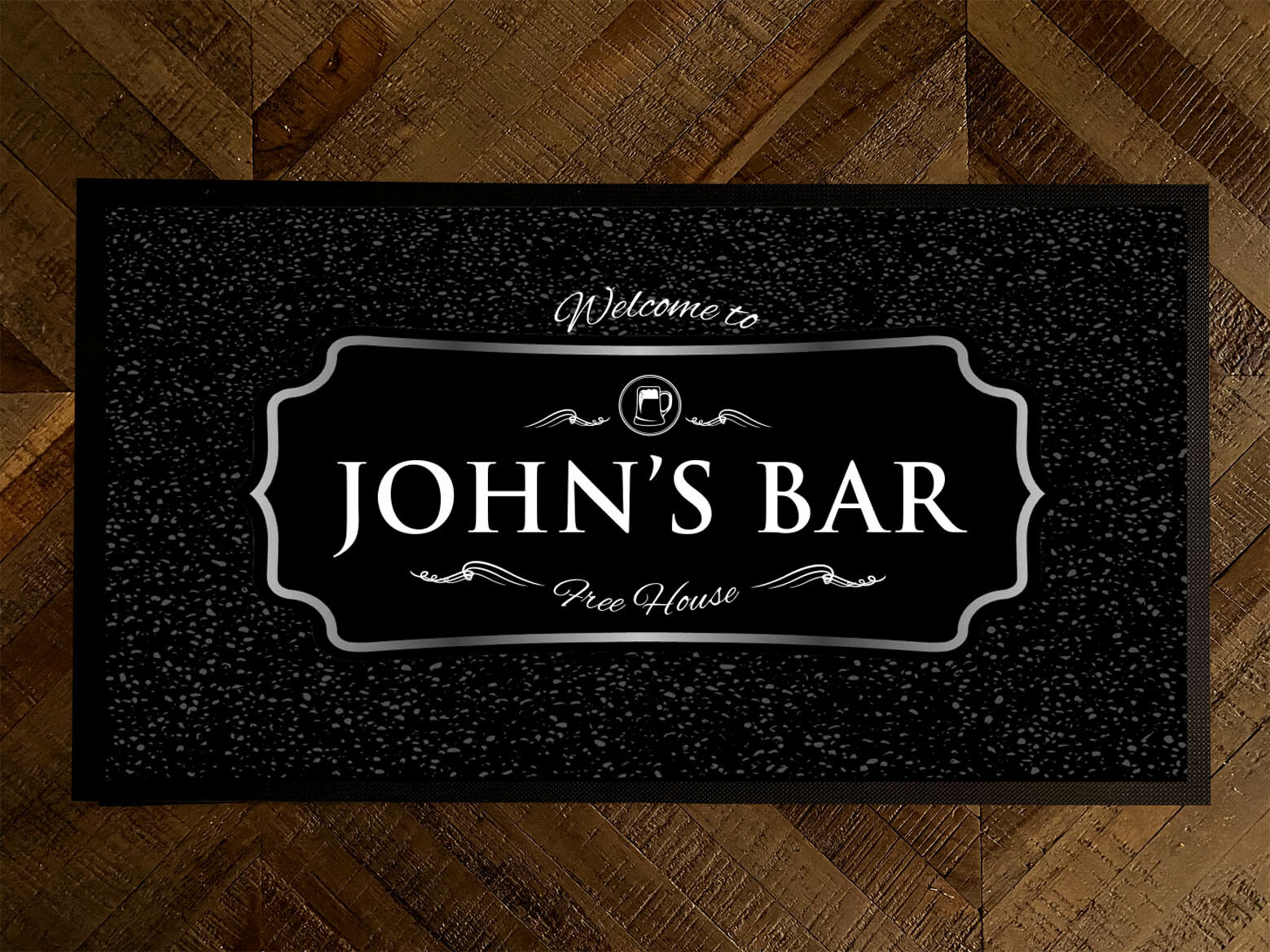 Personalised Bar Runner Mat - Welcome Chrome Label, home bar runner ...