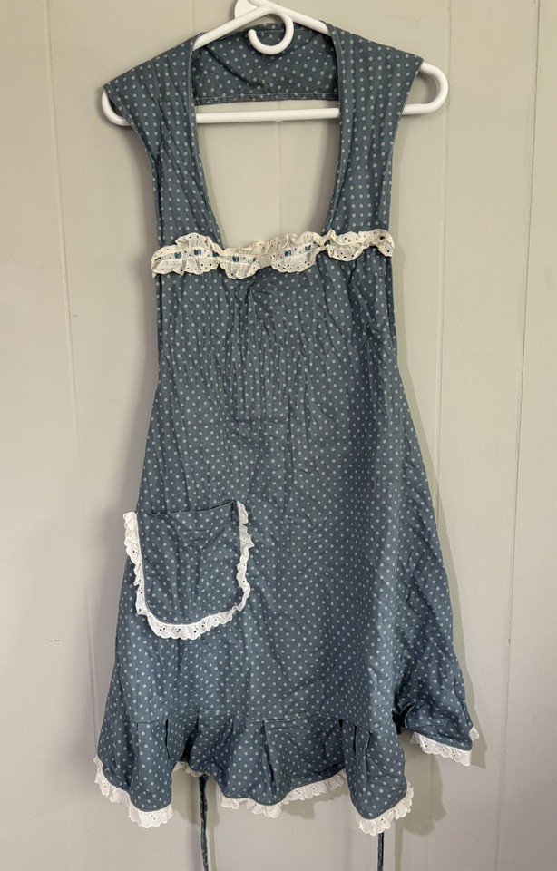 Vintage Handmade Cotton Country Apron Full Length Pocket Floral Blue Ruffle Edge | eBay