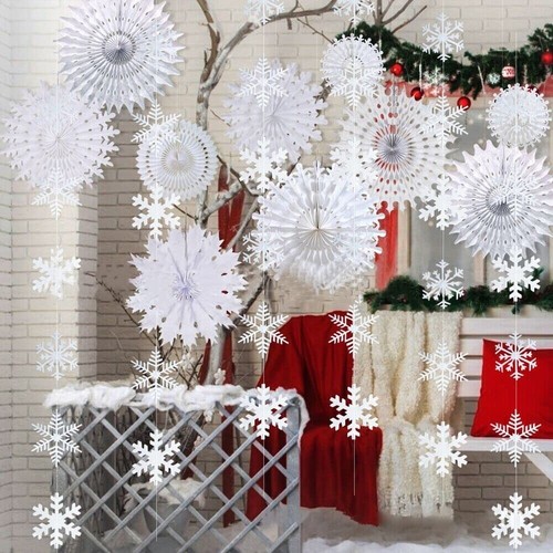 Decor Winter Garlands Banner Snowflake Frozen White Paper Fan Party ...