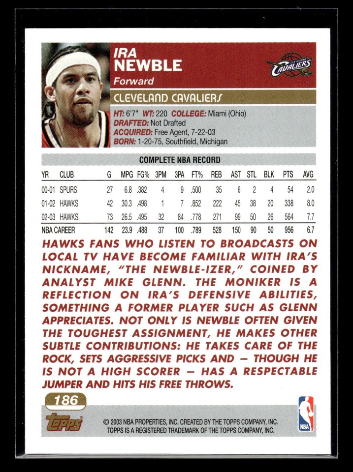 2003 Topps Collection #186 Ira Newble Mint+ New | eBay