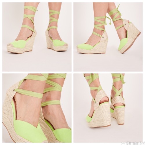 NEON GREEN LADIES SIZE 4/37 HIGH ESPADRILLE WEDGE HEEL TIE UP PLATFORM ...