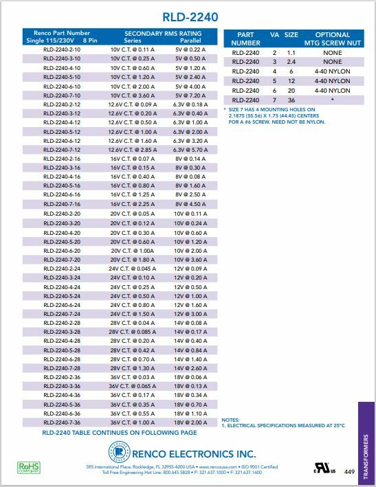 Power Transformer, RENCO RLD-2240-3-12, 2.4 VA, 115/230VAC Pri, 6.3/12 ...