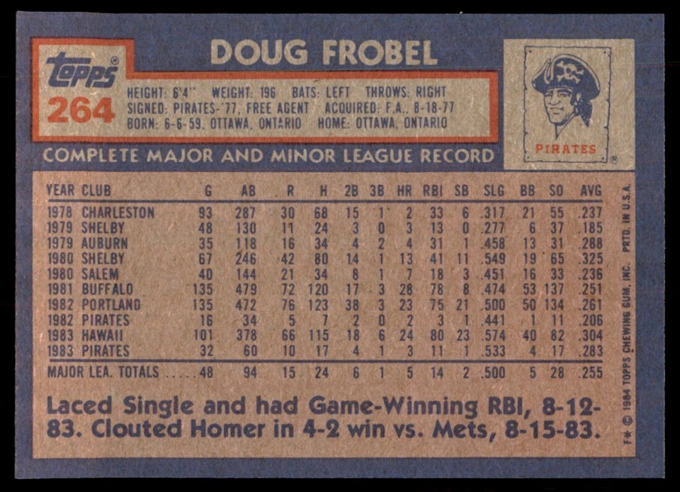 1984 Topps Cards Doug Frobel Rookie Pittsburgh Pirates #264 | eBay