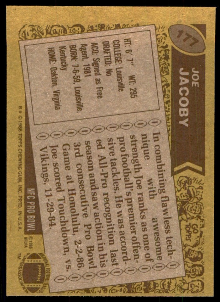 1986 TOPPS JOE JACOBY WASHINGTON REDSKINS #177 | eBay