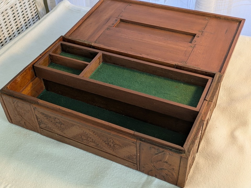 Vintage Carved Wood Hinged Portable Writing Lap Desk - Box Storage ...