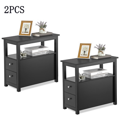 2X Black End Table w/ 2 Drawer and Open Shelf Narrow Side Table for ...
