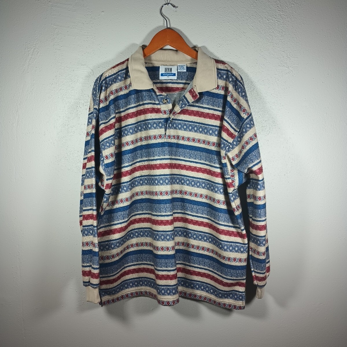 Vintage Denim Express Fleece Long Sleeve Collared Shirt Top Striped ...