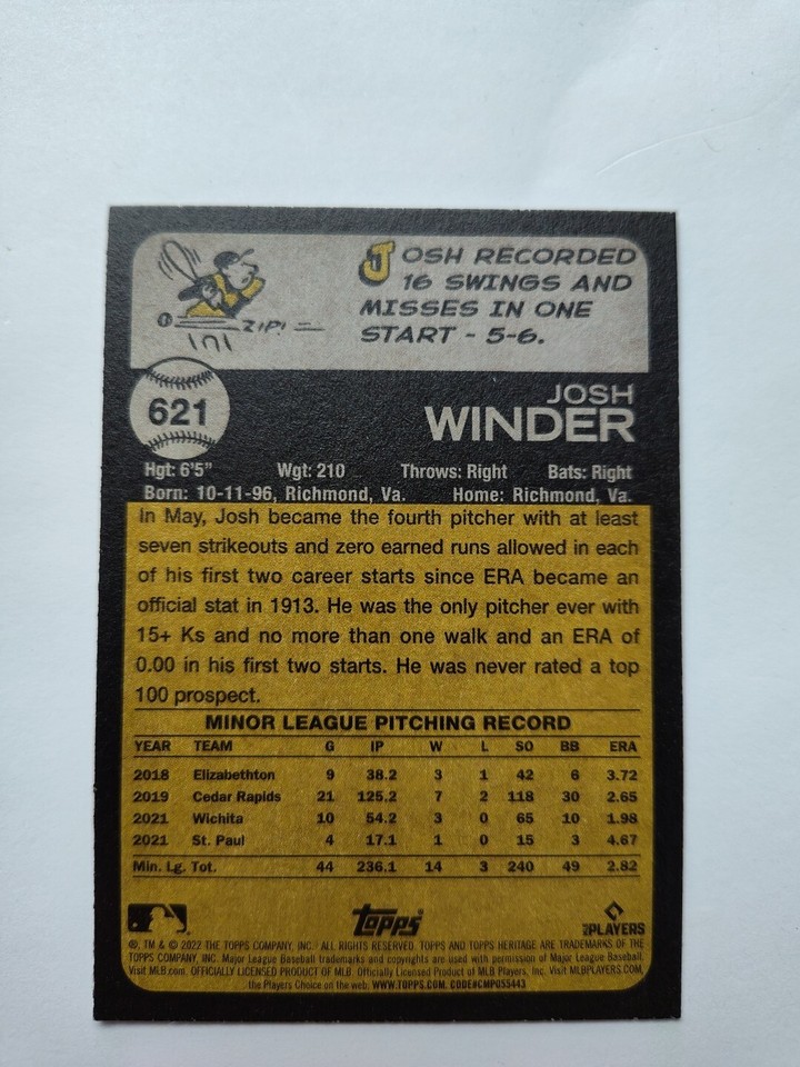 2022 Topps Heritage Josh Winder #621 Rookie RC Minnesota Twins | eBay