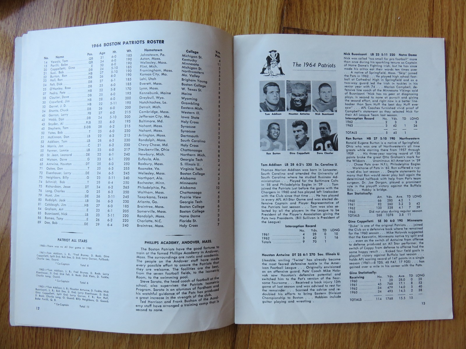 1964 BOSTON PATRIOTS Yearbook GINO CAPPELLETTI NICK BUONICONTI PARILLII ...