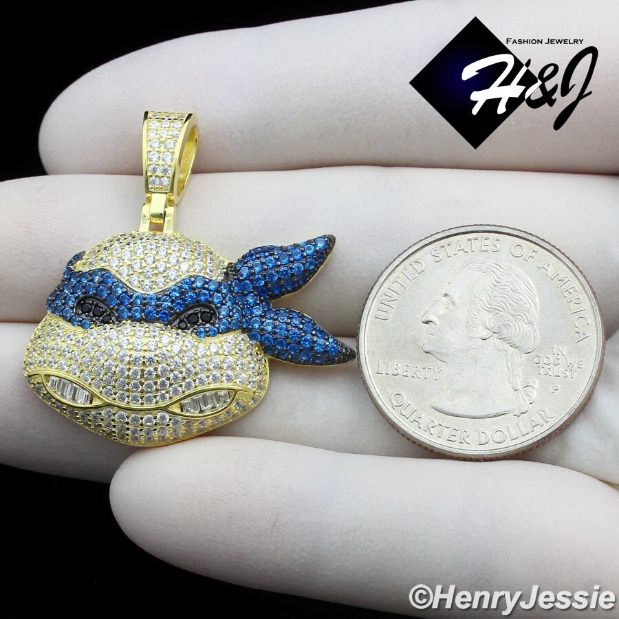 925 STERLING SILVER ICY CZ GOLD PLATED TEENAGE MUTANT NINJA TURTLE ...