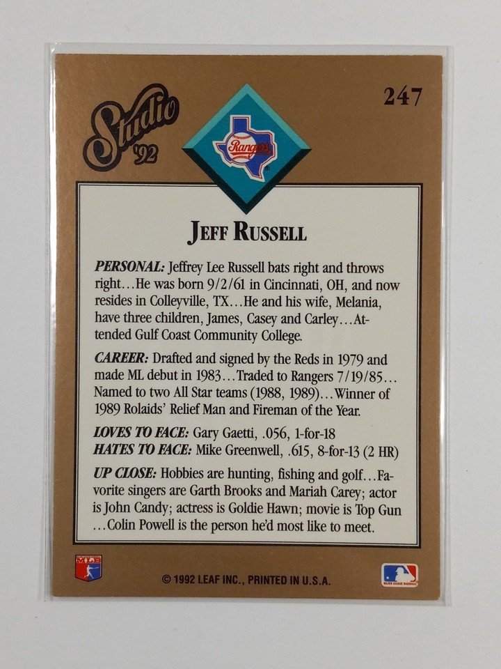 Jeff Russell Texas Rangers 1992 Leaf Studio Baseball Card 247 Signed ...