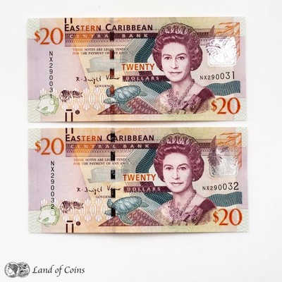 EAST CARIBBEAN: 2 x 20 East Caribbean Dollar Banknotes with Consecutive ...