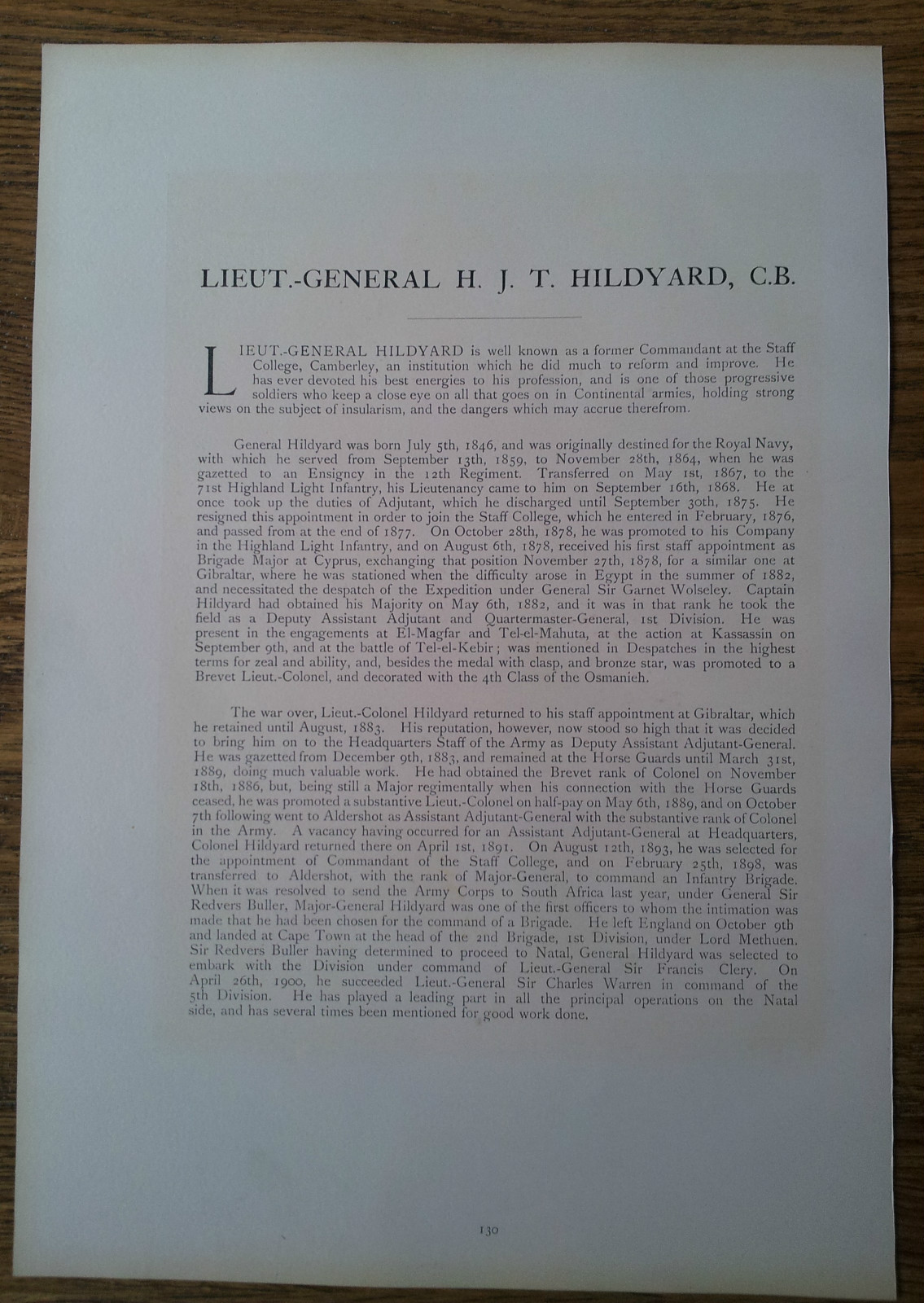 PRINT LIEUTENANT GENERAL HJT HILDYARD CB COMMANDING FIFTH DIVISION BOER ...