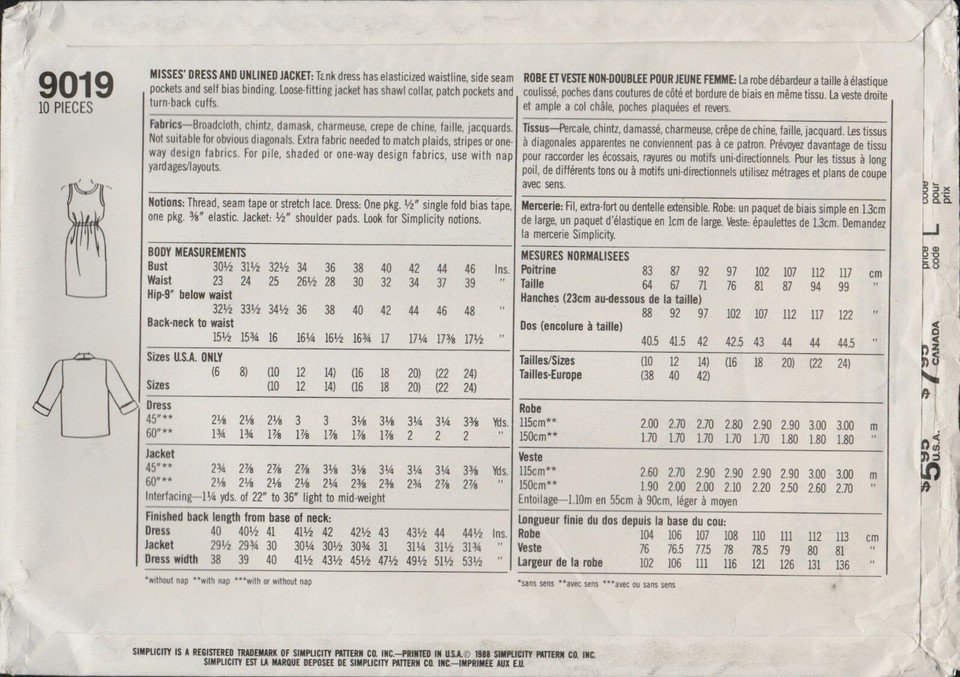 Simplicity 9019 Easy Tank Dress & Jacket Pattern 1980s Misses Choose ...