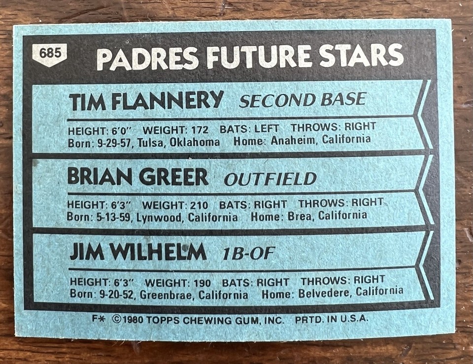 1980 Topps - Future Stars #685 Tim Flannery, Brian Greer, Jim Wilhelm ...