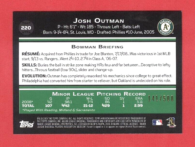 2009 BOWMAN (BB) Josh Outman SP BLUE PARALLEL RC CARD #220 #d 141/500 ...