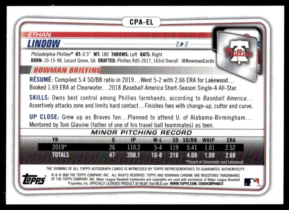 2020 Bowman Chrome Auto CPA-EL Ethan Lindow Phillies Autograph | eBay