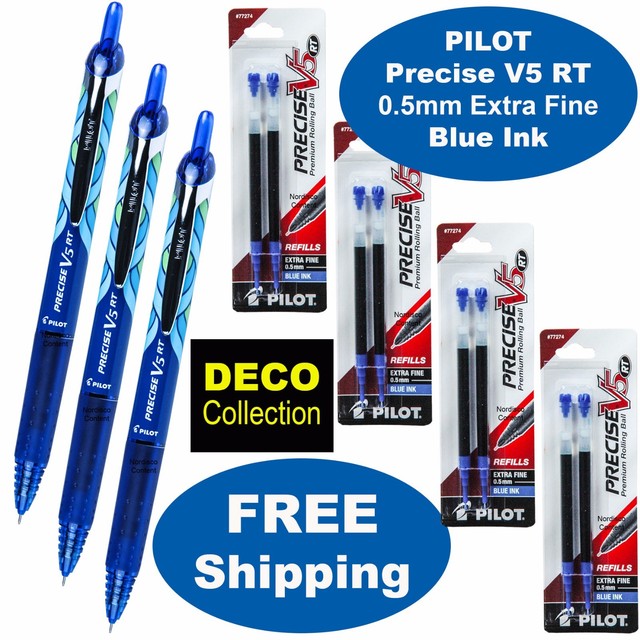 Pilot Precise V5 RT Deco 3 Pens 4 Packs of Refills Blue Ink 0.5mm Extra ...