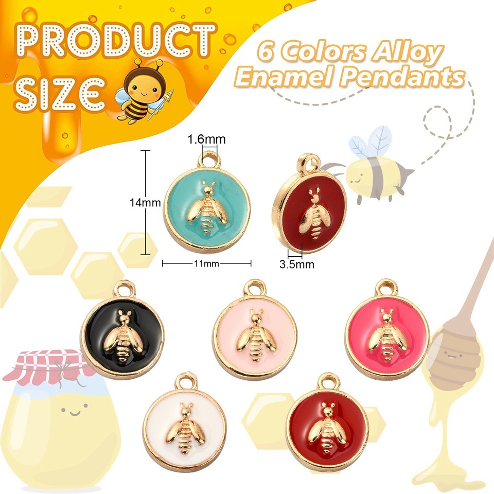 60x Enamel Charms Flat Round Bee Animal Honeybee Mini Charm for Jewelry ...