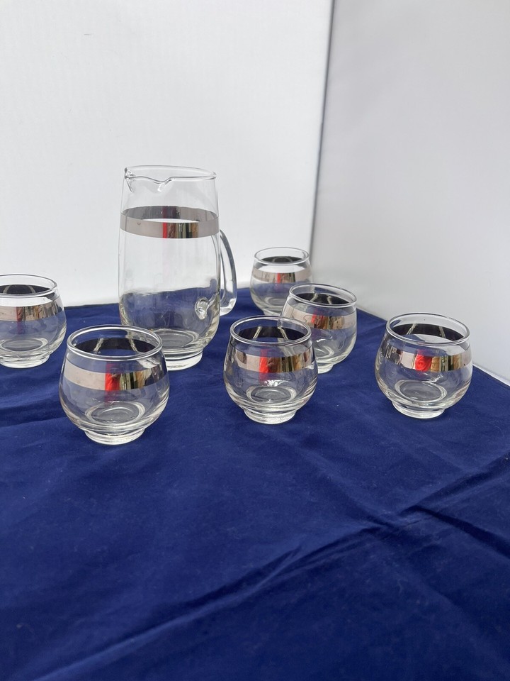 Vintage MCM Libbey Silver Band Small 6” Pitcher With Six Small Roly ...