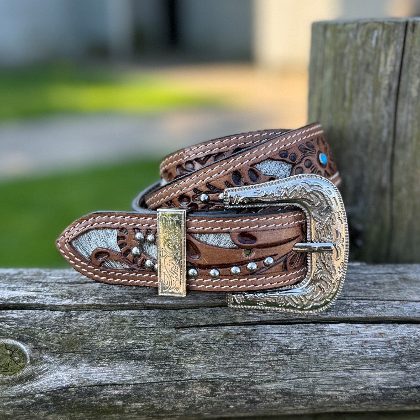 Genuine Leather Belt - Western Style with Turquoise Embellishments and ...