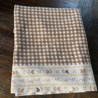 Vtg 80s Terry Cloth Tablecloth Brown White Plaid and Flower Design Fall ...