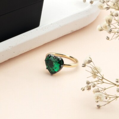 14K Solid Gold Heart Solitaire Ring, 14K Gold Emerald Gemstone Ring, Genuine Nat | eBay