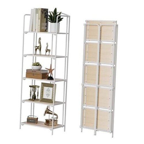 No Assembly Folding Bookshelf for Living 5 Tier White Frame & White Oak ...
