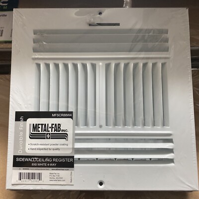 8x8 4-Way Vent, Sidewall/Ceiling Register, Metal-Fab MFSCR88W4 | eBay