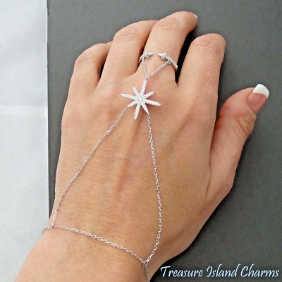 Star with CZ 925 Solid Sterling Silver Slave Panja Bracelet Ring Size 6 ...