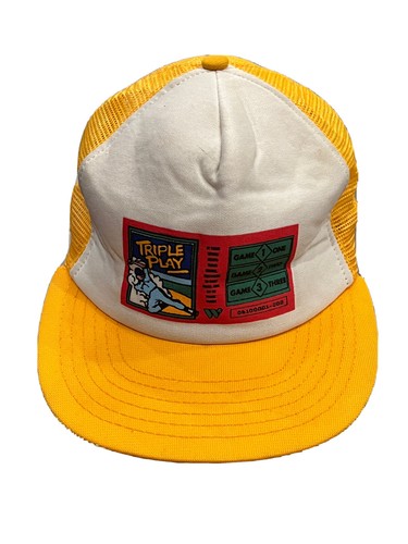 Vtg 80s Adjust A Tab Mens Yellow Triple Play Baseball Snapback Trucker Mesh Hat | eBay