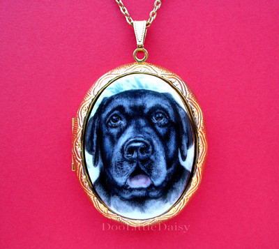 Porcelain BLACK LABRADOR RETRIEVER LAB DOG CAMEO Locket Necklace ...