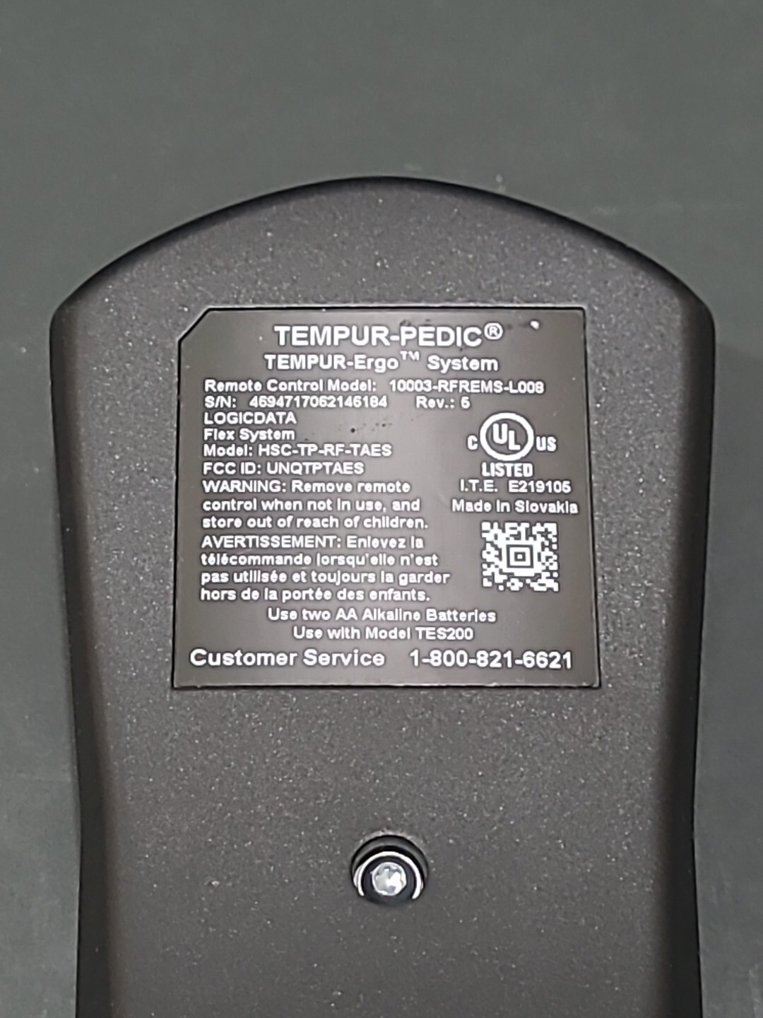 Tempur-Pedic Tempur-ergo System 10003-rfrems-l008 Remote Control for ...