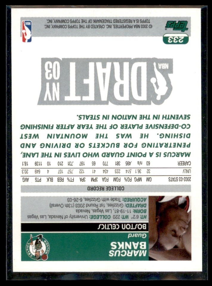 2003-04 TOPPS MARCUS BANKS RC BOSTON CELTICS #233 | eBay