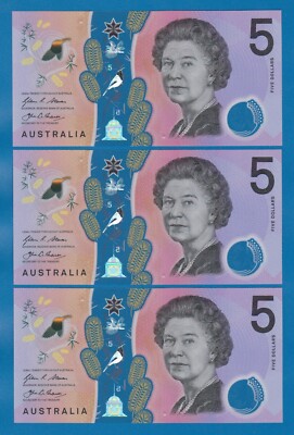 Australia 3 notes of 5 Dollars SAME SERIAL Number UNC Queen Elizabeth ...