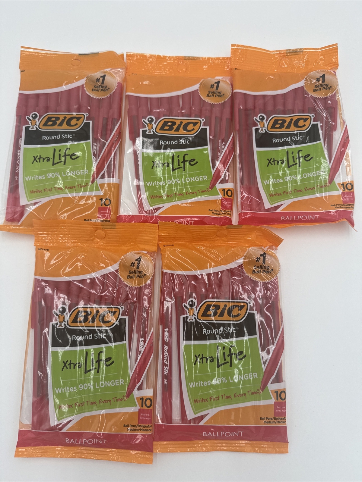 New Bic Round Stic Xtra Life Ballpoint Red Pen 5 Packs of 10 (50 Pens ...