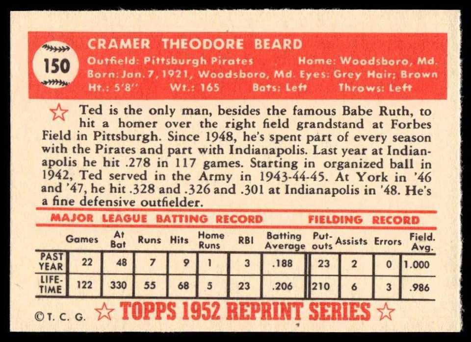 1983 Topps 1952 Reprint Series Ted Beard Pittsburgh Pirates #150 | eBay