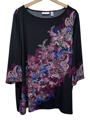 Susan Graver Liquid Knit Tunic Top 2X Floral 3/4 Sleeve Artsy Stretch ...
