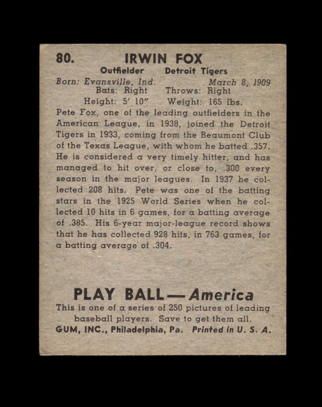 1939 Play Ball Set-Break # 80 Pete Fox VG-VGEX *GMCARDS* | eBay