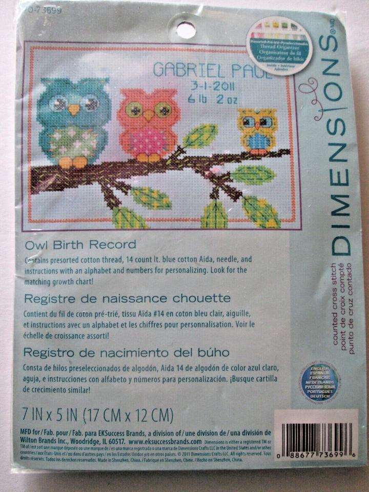Dimensions Owl Birth Record Counted Cross Stitch Kit 14 Count 7x5 NIP ...