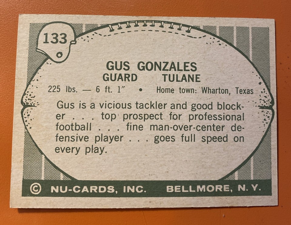 1961 #133 Gus Gonzales Nu-Cards Inc Football Card - NM +/ Mint | eBay