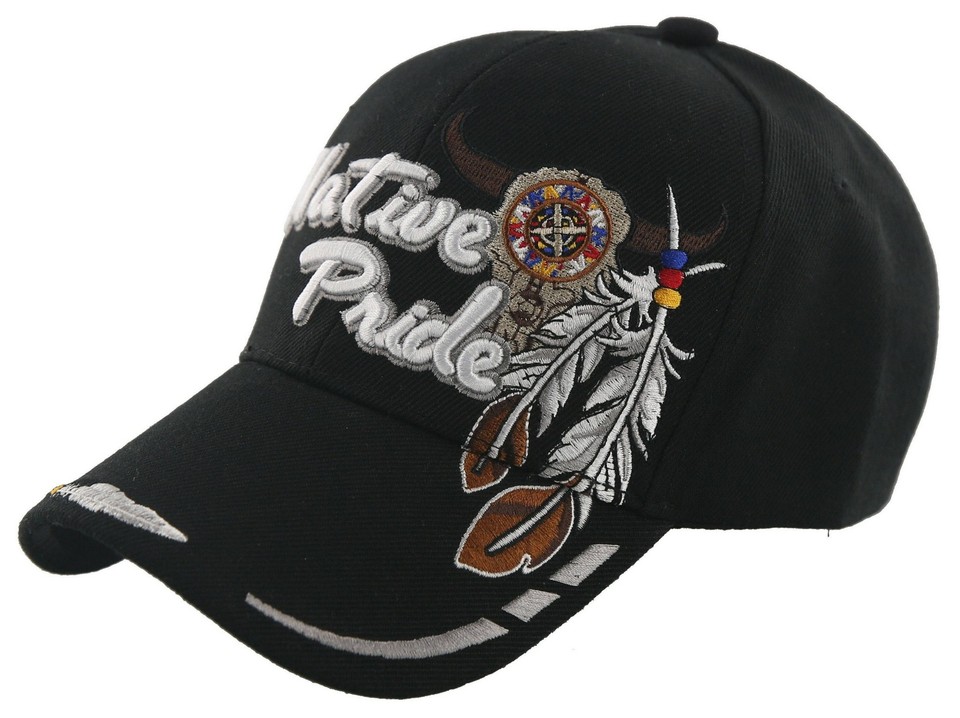NEW! NATIVE PRIDE INDIAN AMERICAN BULL SKULL SIDE FEATHERS CAP HAT ...