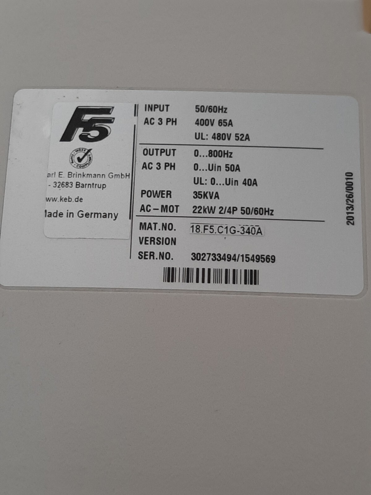 KEB Combivert F5 Frequency Converter Mat.no. 18F5C1G-340A 36 Kva Ac-Mot ...