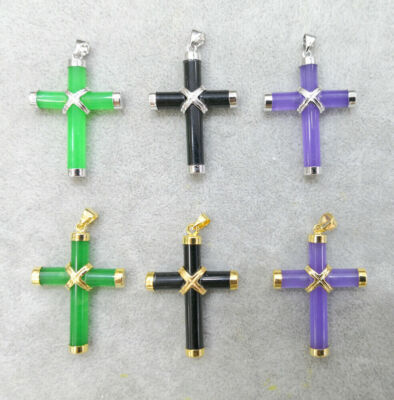 Green Purple Jade Black Agate Gold Plated Cross Bless Happiness Pendant ...