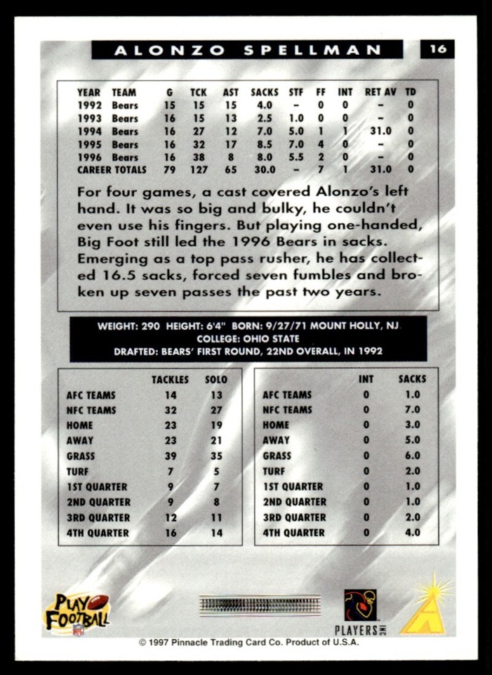 1997 SCORE FOOTBALL CARD ALONZO SPELLMAN #16 CHICAGO BEARS 6668 | eBay