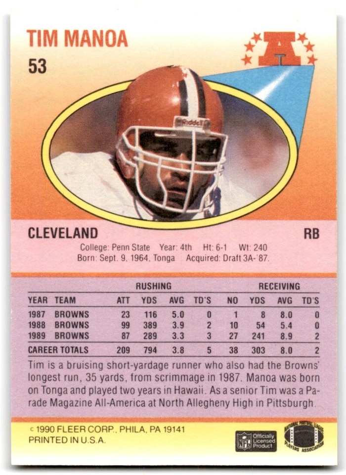 1990 Fleer Tim Manoa Rookie Cleveland Browns #53 | eBay