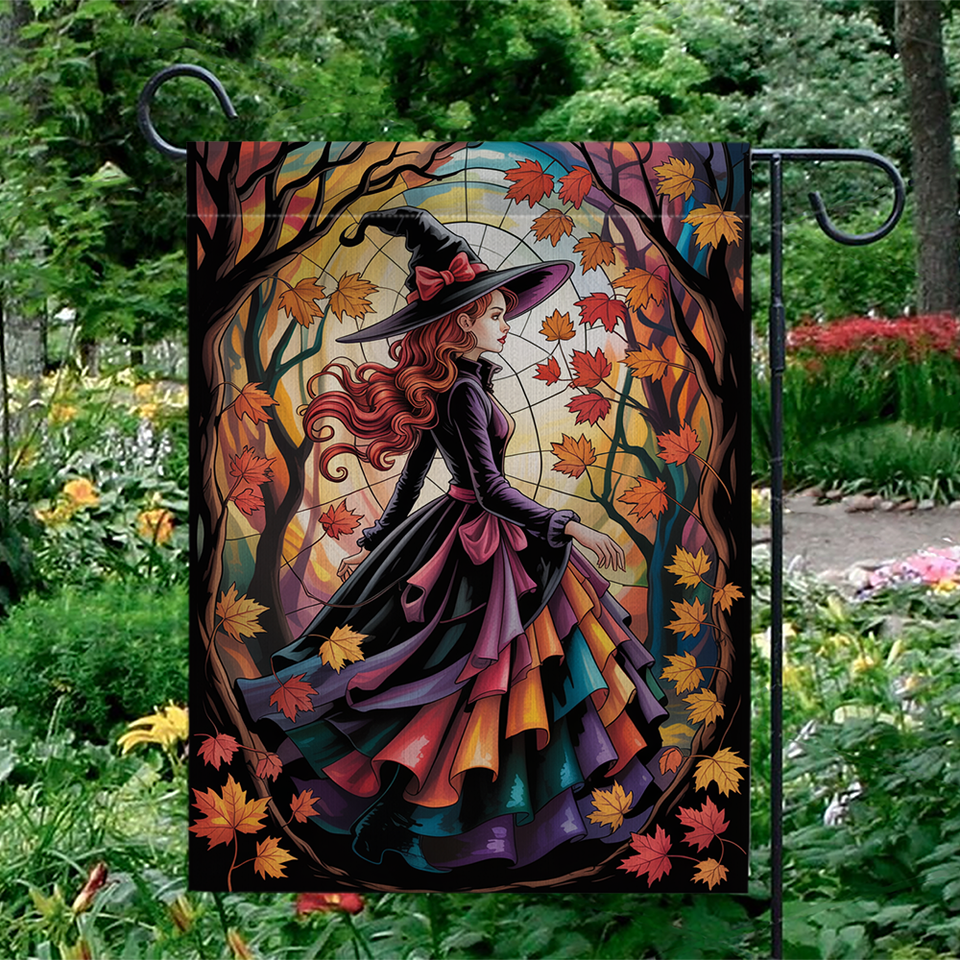 Elegant Witch Autumn Leaves Halloween Garden Flag – Enchanted Fall Yard ...
