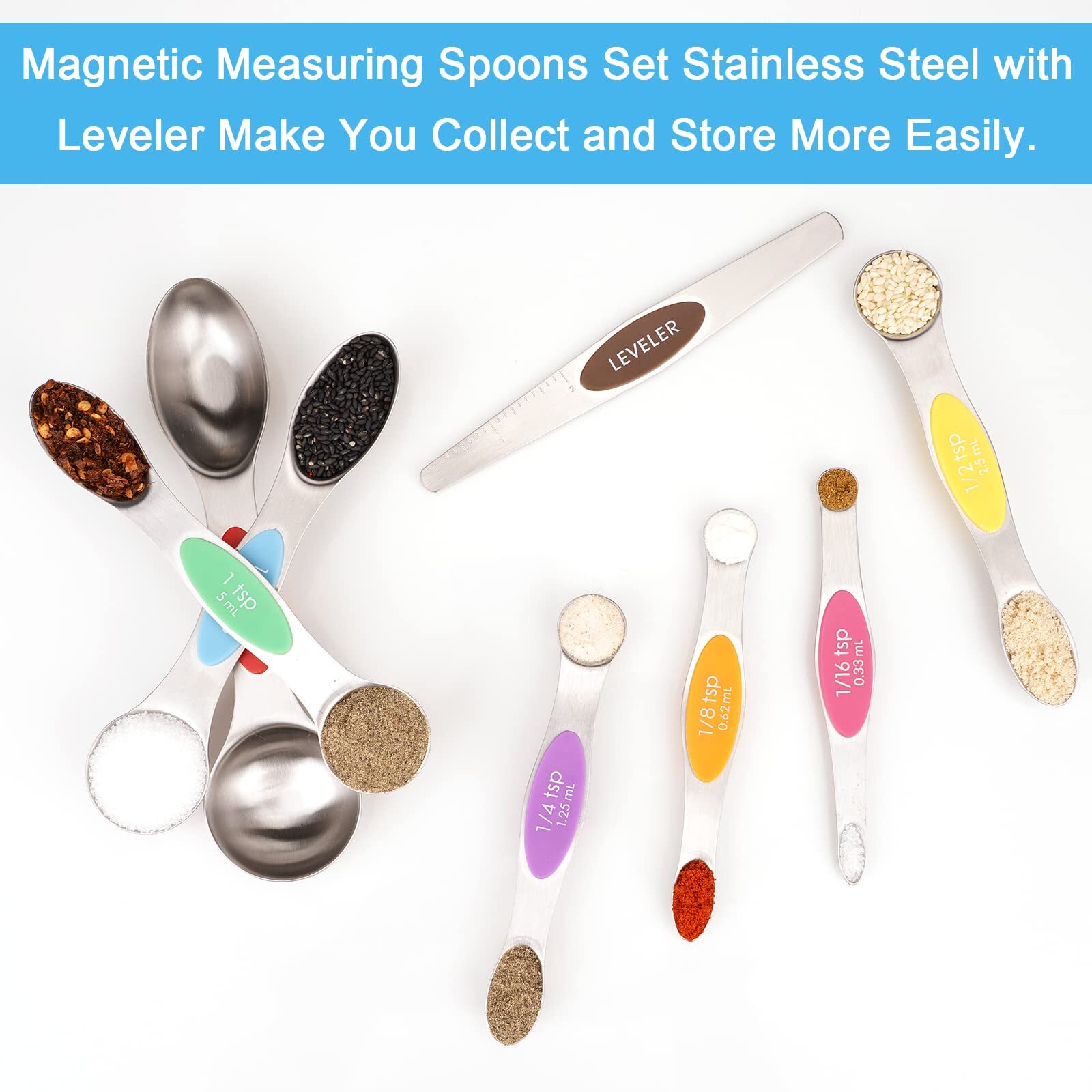 8 Pcs Magnetic Measuring Spoons Set Dual Sided Stainless Steel Small ...